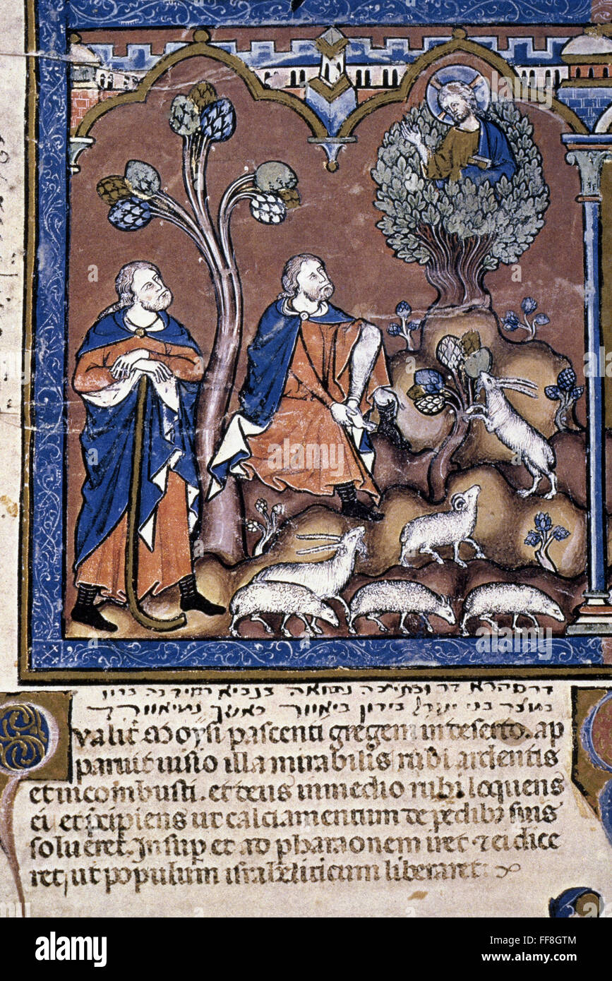 MOSES & THE BURNING BUSH /n(Exodus 3: 1-8): French ms. illumination ...