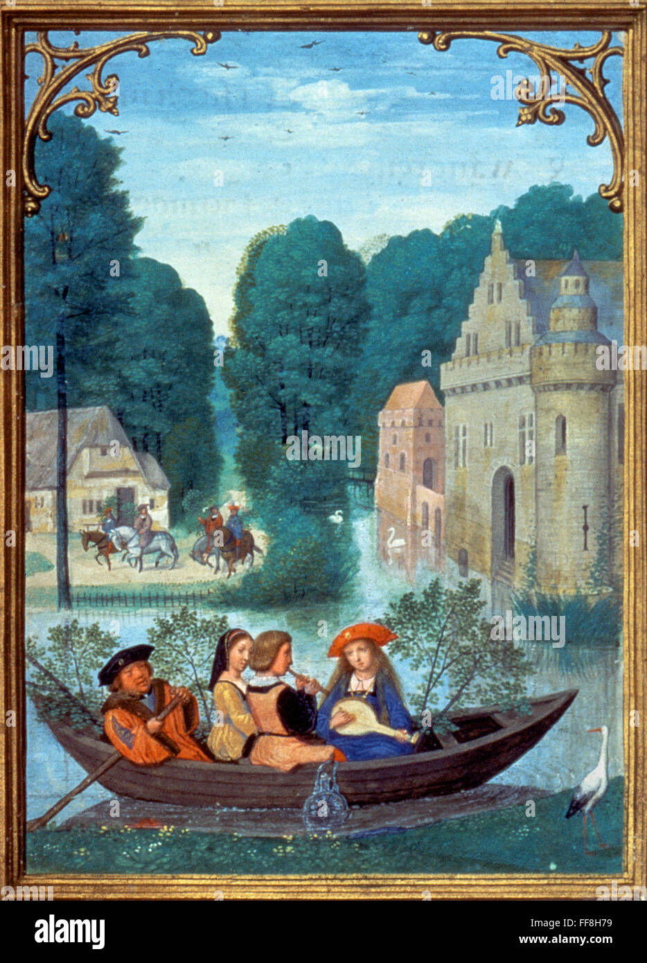 A BOATING PARTY IN MAY. /nIllumination from a Flemish book of Hours ...
