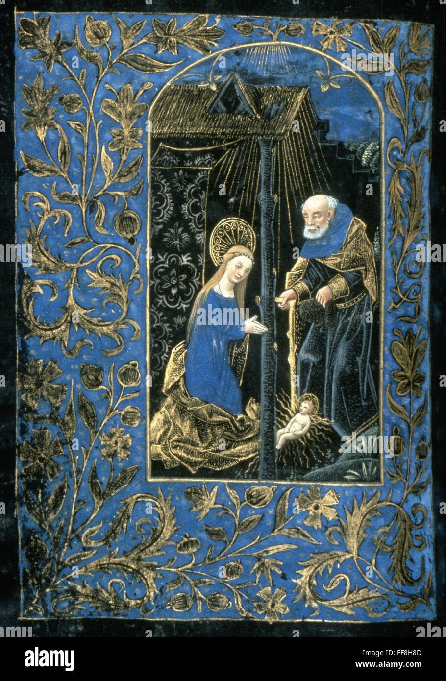 THE NATIVITY. /nIllumination from a Flemish Book of Hours, late 15th ...