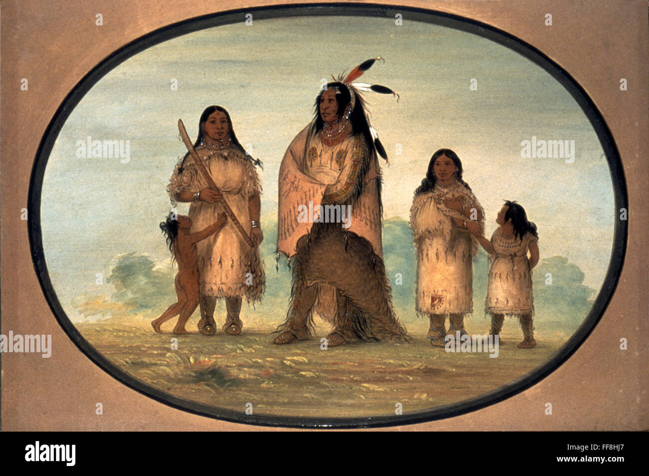 CATLIN: ASSINIBOINS. /nAssiniboin Warrior and his family: oil on card ...