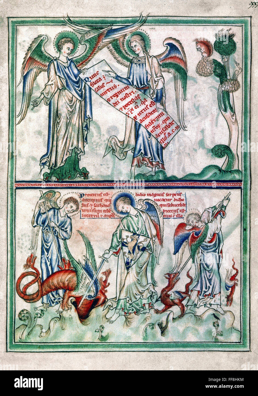 APOCALYPSE. /nTwo angels with scroll (top); defeat of dragon (bottom ...
