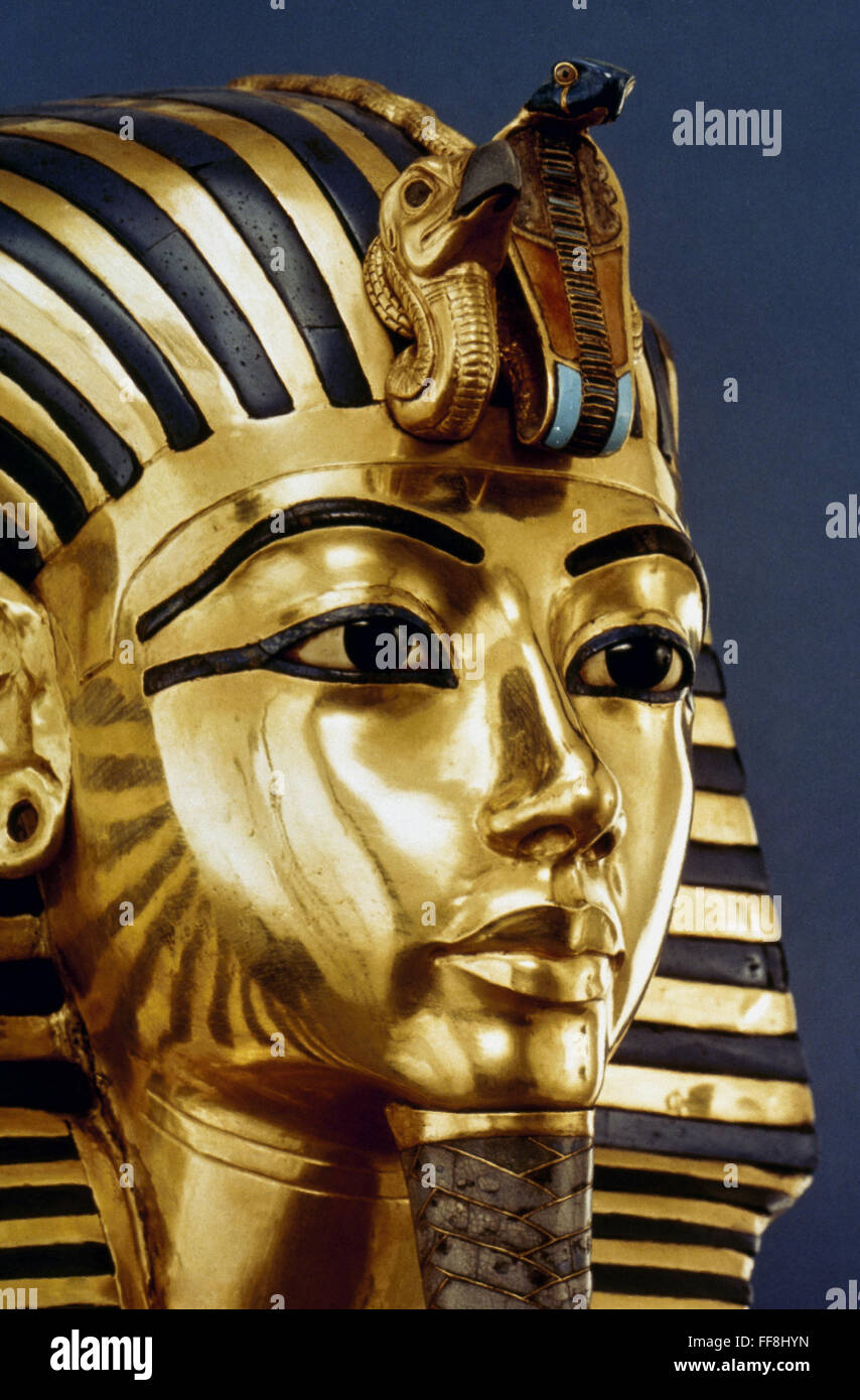 TOMB OF KING TUTANKHAMEN. /nDetail of gold funerary mask. c1342 B.C ...