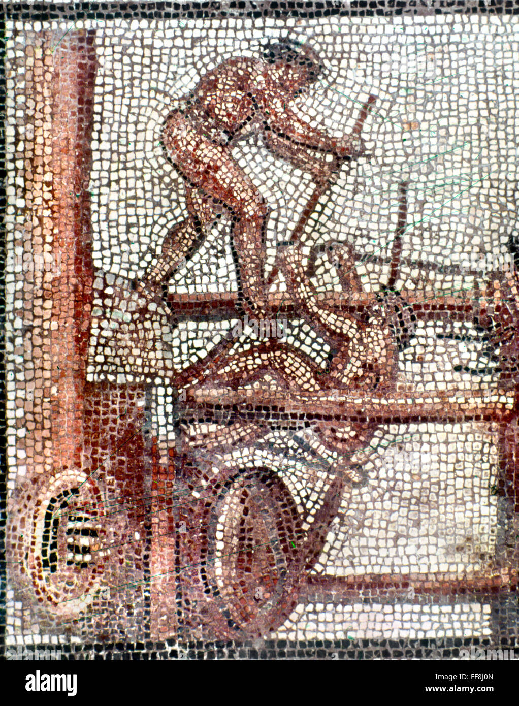 ROMAN MOSAIC: OLIVE OIL. /nGallo-Roman mosaic of a lever-operated olive ...
