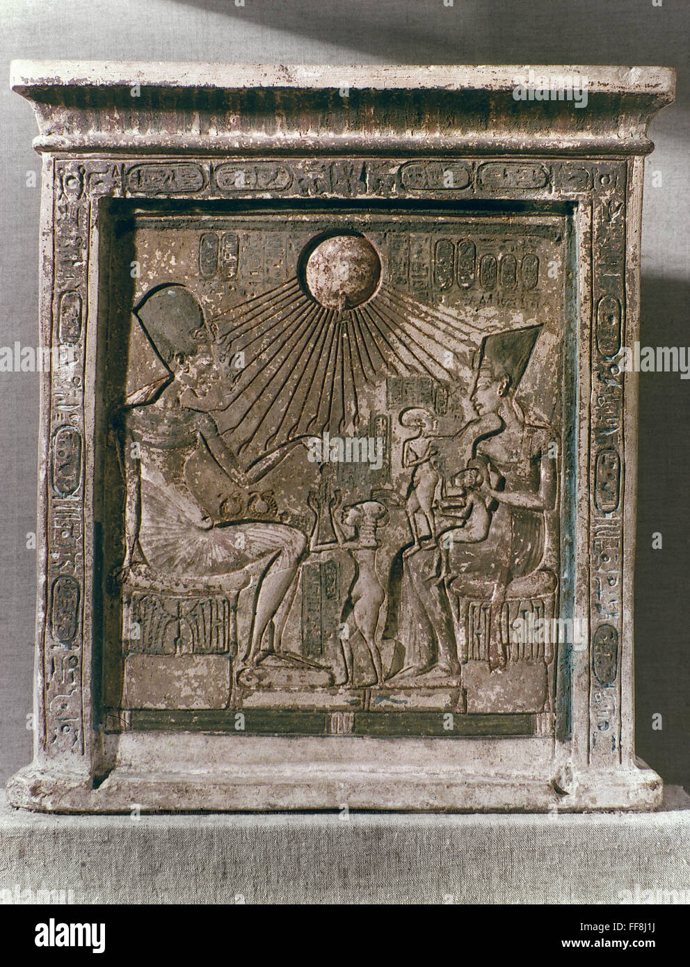 NEFERTITI & FAMILY, 1364 B.C. /nPolychrome limestone stele of Akhenaten ...