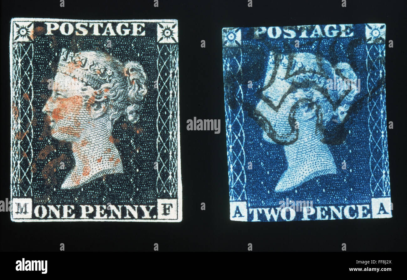 FIRST POSTAGE STAMPS. /nThe 'Penny Black' (left), the world's first ...