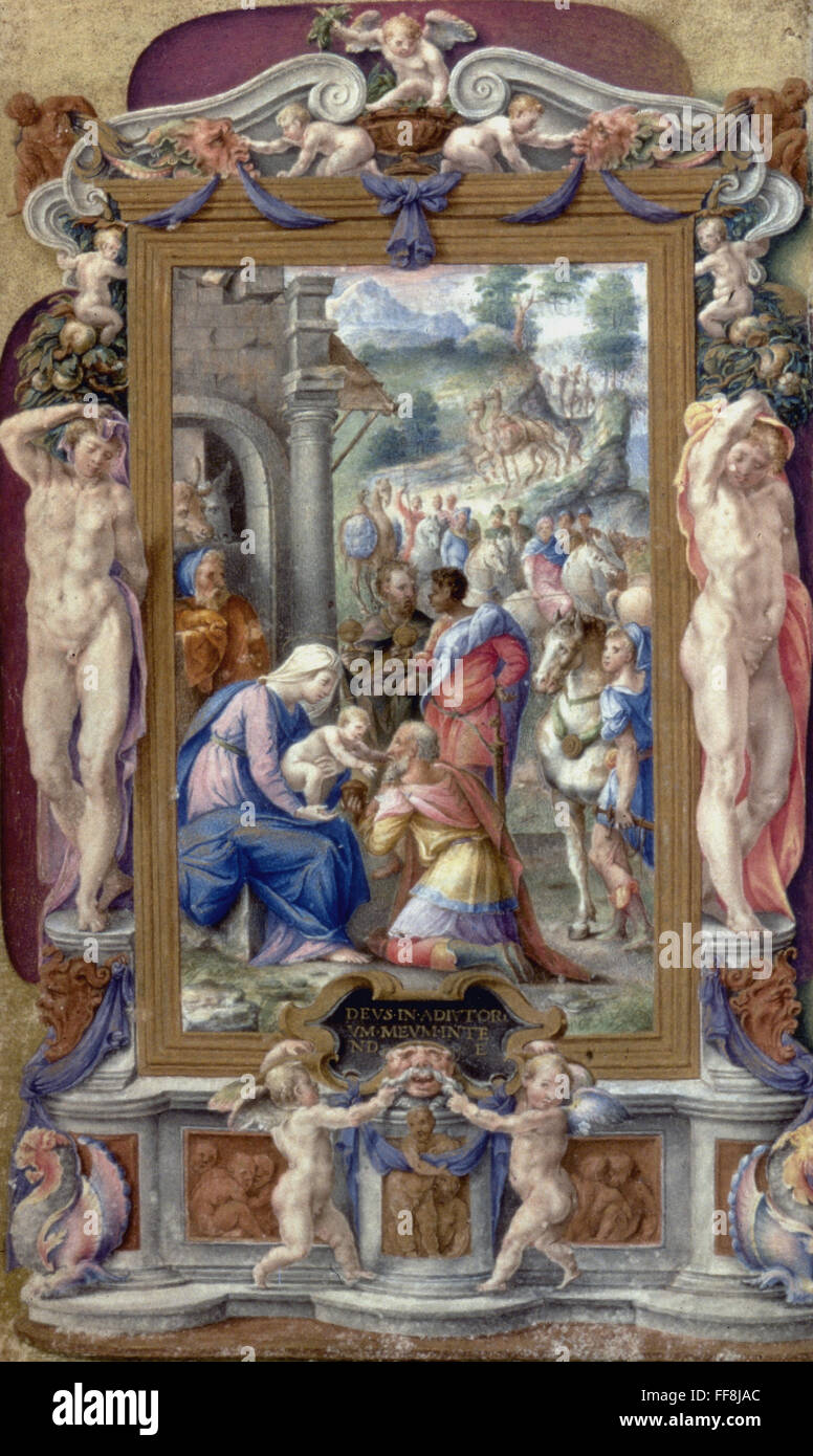 ADORATION OF MAGI. /nIllumination from a Roman Book of Hours, 1546 ...