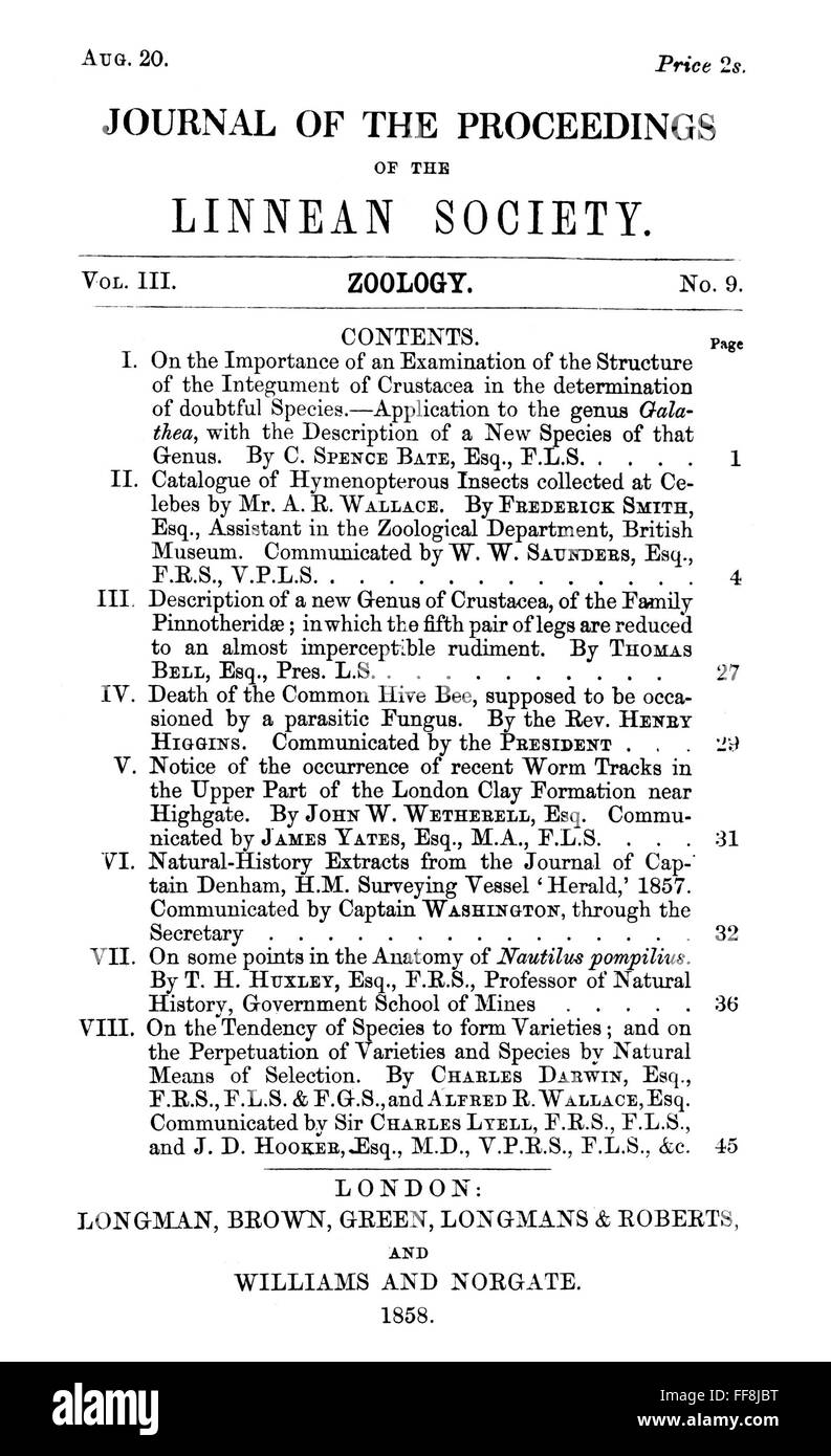 CHARLES ROBERT DARWIN /n(1809-1882). On the Tendency of the Species to ...