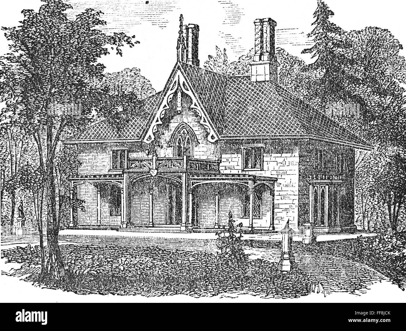 GOTHIC COTTAGE. /nA rural Gothic cottage design. Wood engraving, 19th ...