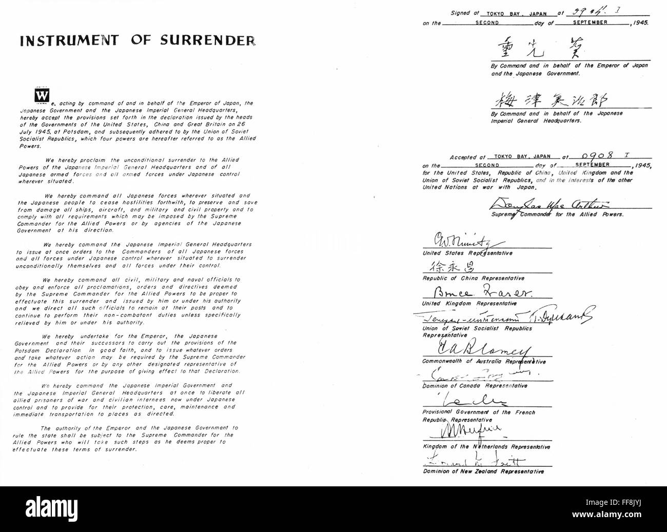 WWII: JAPANESE SURRENDER. /nOfficial instrument of surrender prepared ...