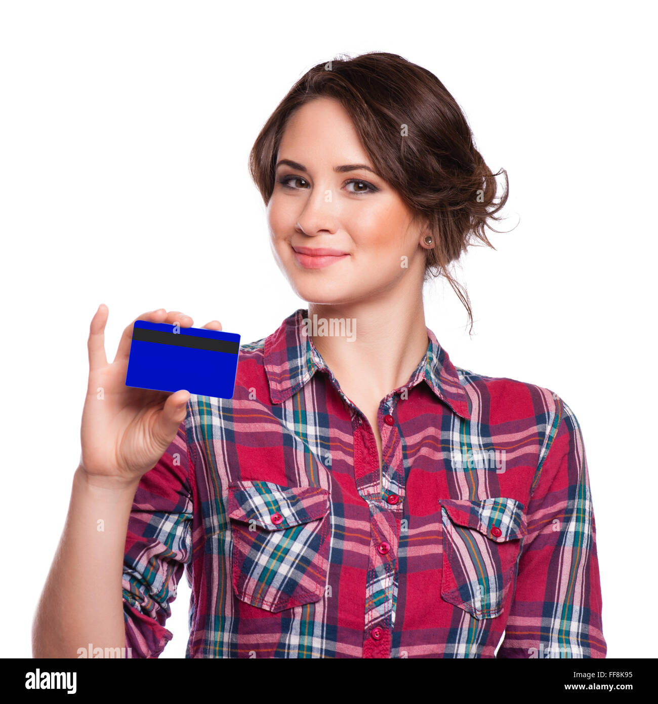 Woman showing a business card hi-res stock photography and images - Alamy