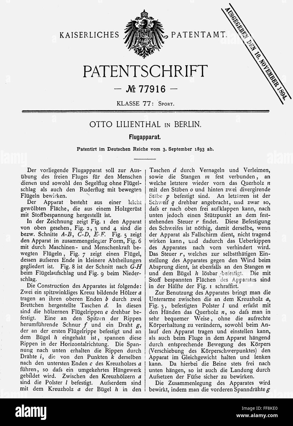 OTTO LILIENTHAL: PATENT. /nOtto Lilienthal's patent for the modern ...