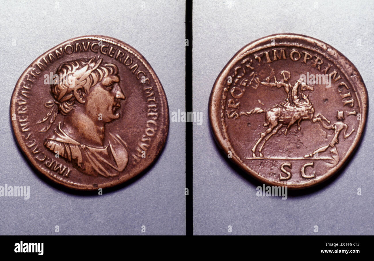 ROMAN COIN: TRAJAN. /nTrajan (98-117 AD) on a Roman brass sestertius ...