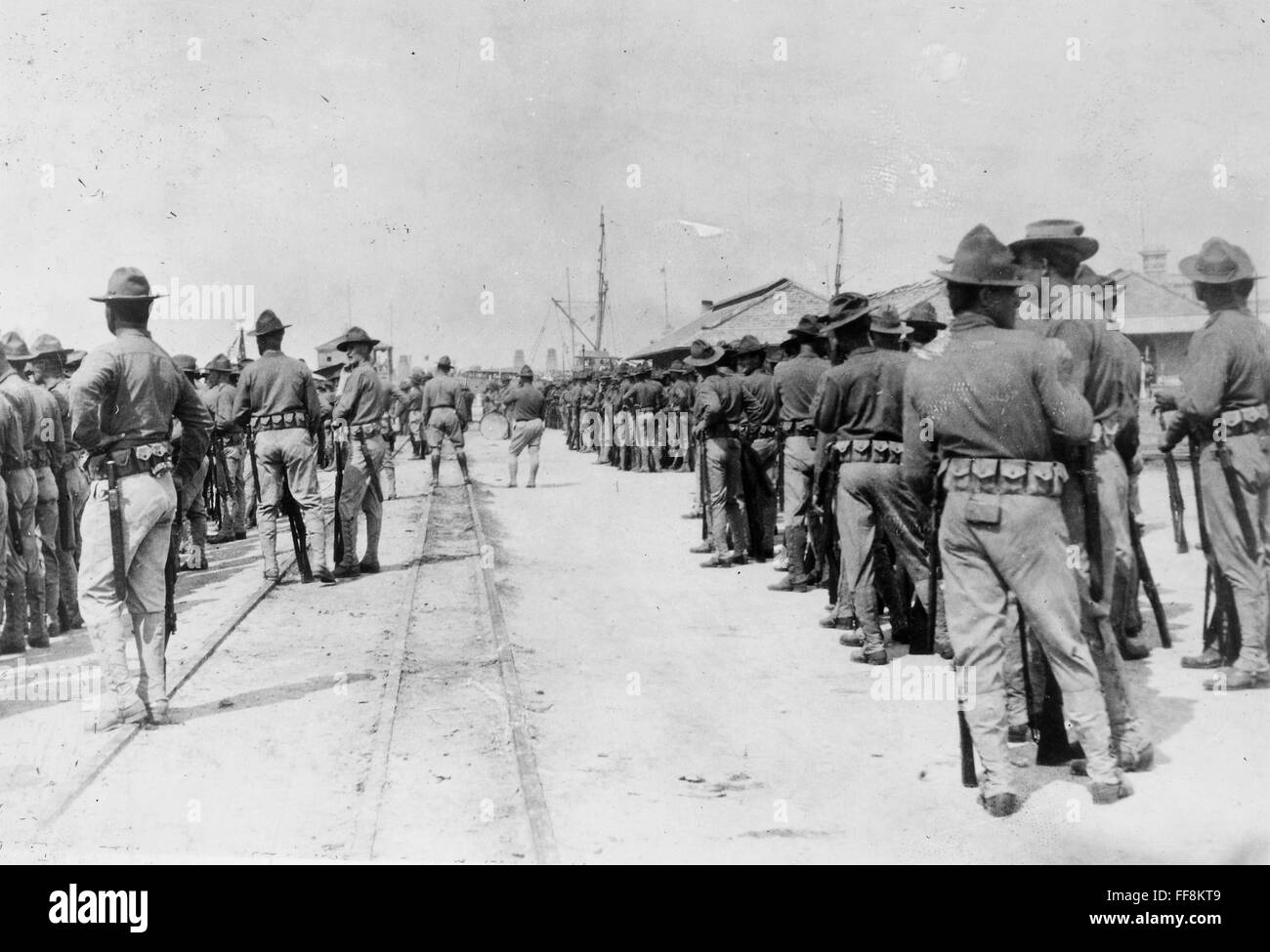 MEXICAN EXPEDITION, 1914. /nU.S. troops guarding the railway at ...