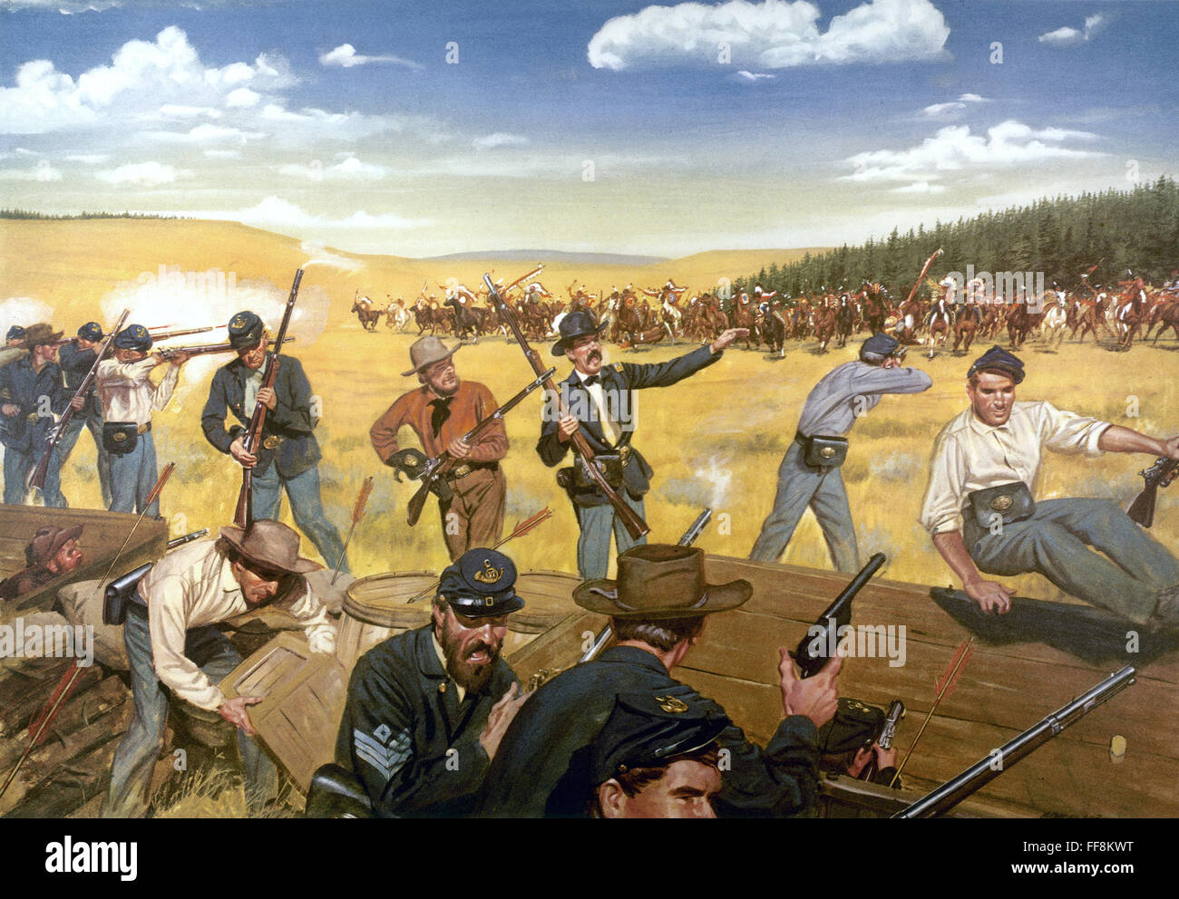WAGON BOX FIGHT, 1867. /nThe 9th Infantry of the U.S. Army battling a band of Sioux Native ...