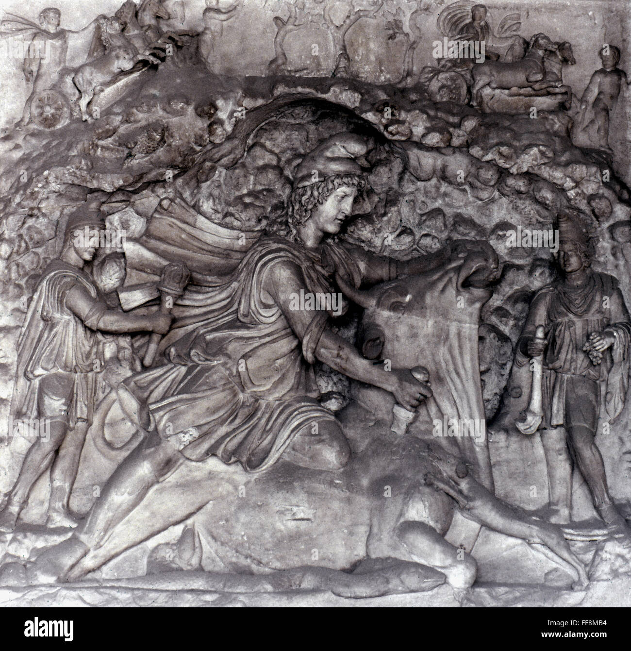 ROMAN RELIEF: MITHRA. /nStone relief of sacrifice of the sacred bull by ...