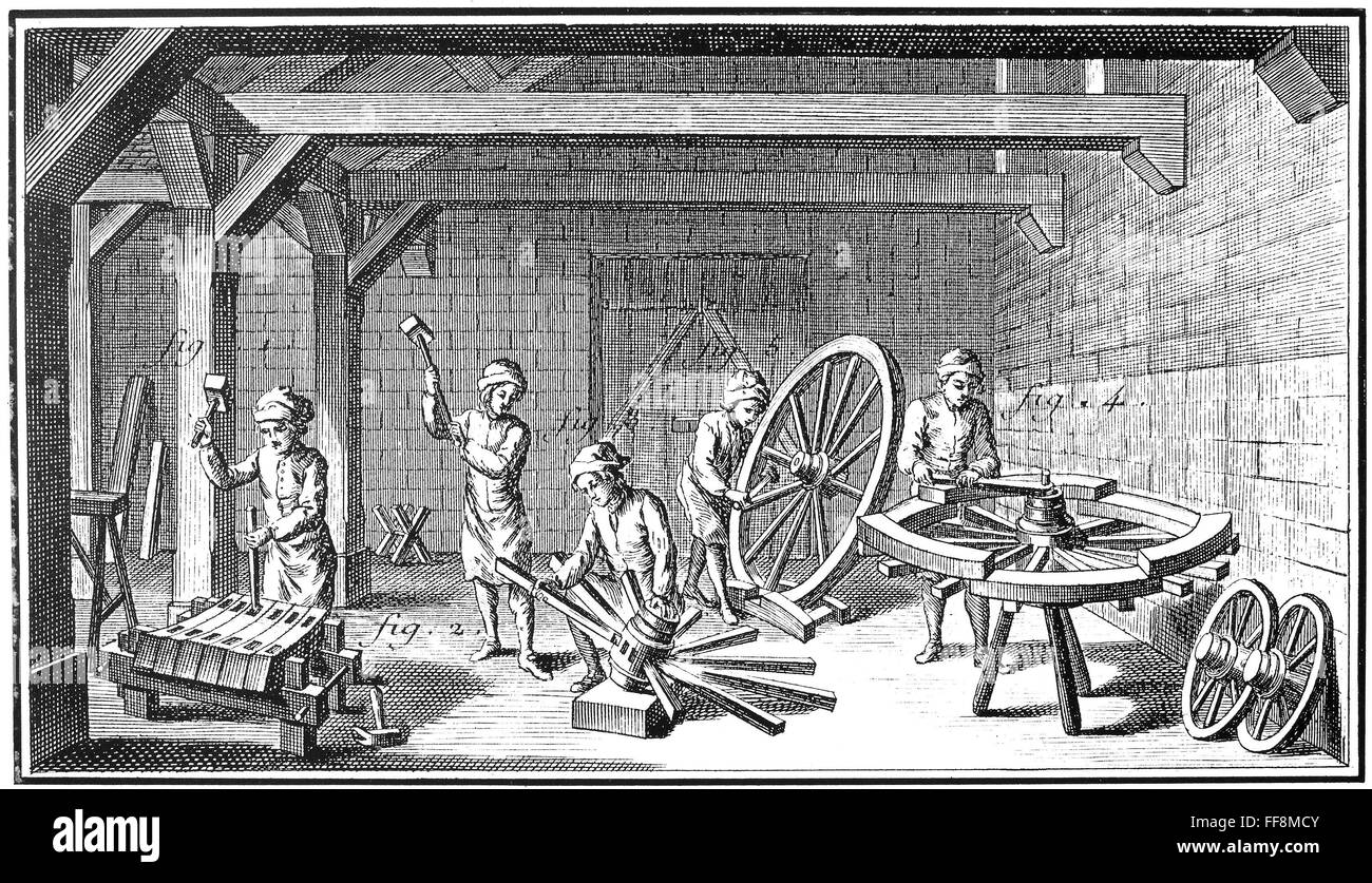 WHEELWRIGHT, 18th CENTURY. /nAssembling wheels in a workshop. Copper ...