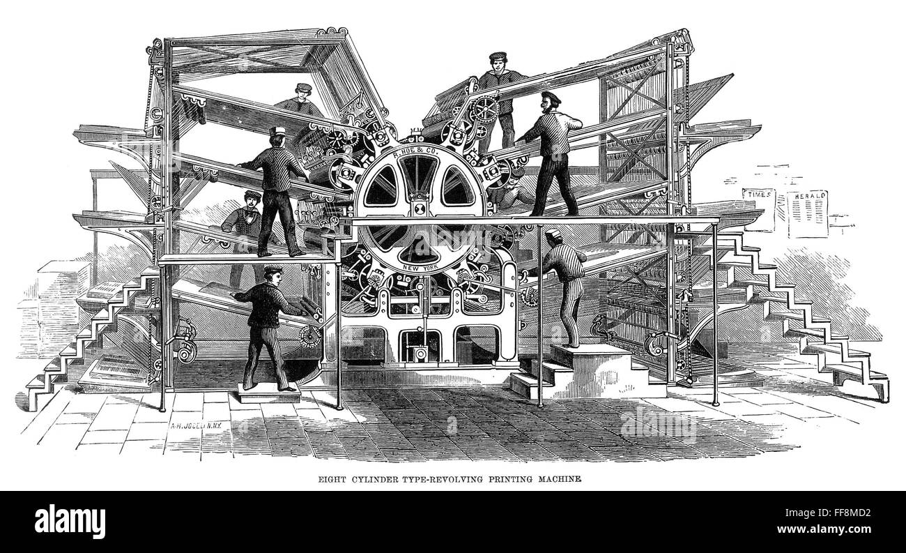 PRINTING PRESS, 1847. /nRichard Hoe's eight-cylinder revolving ...
