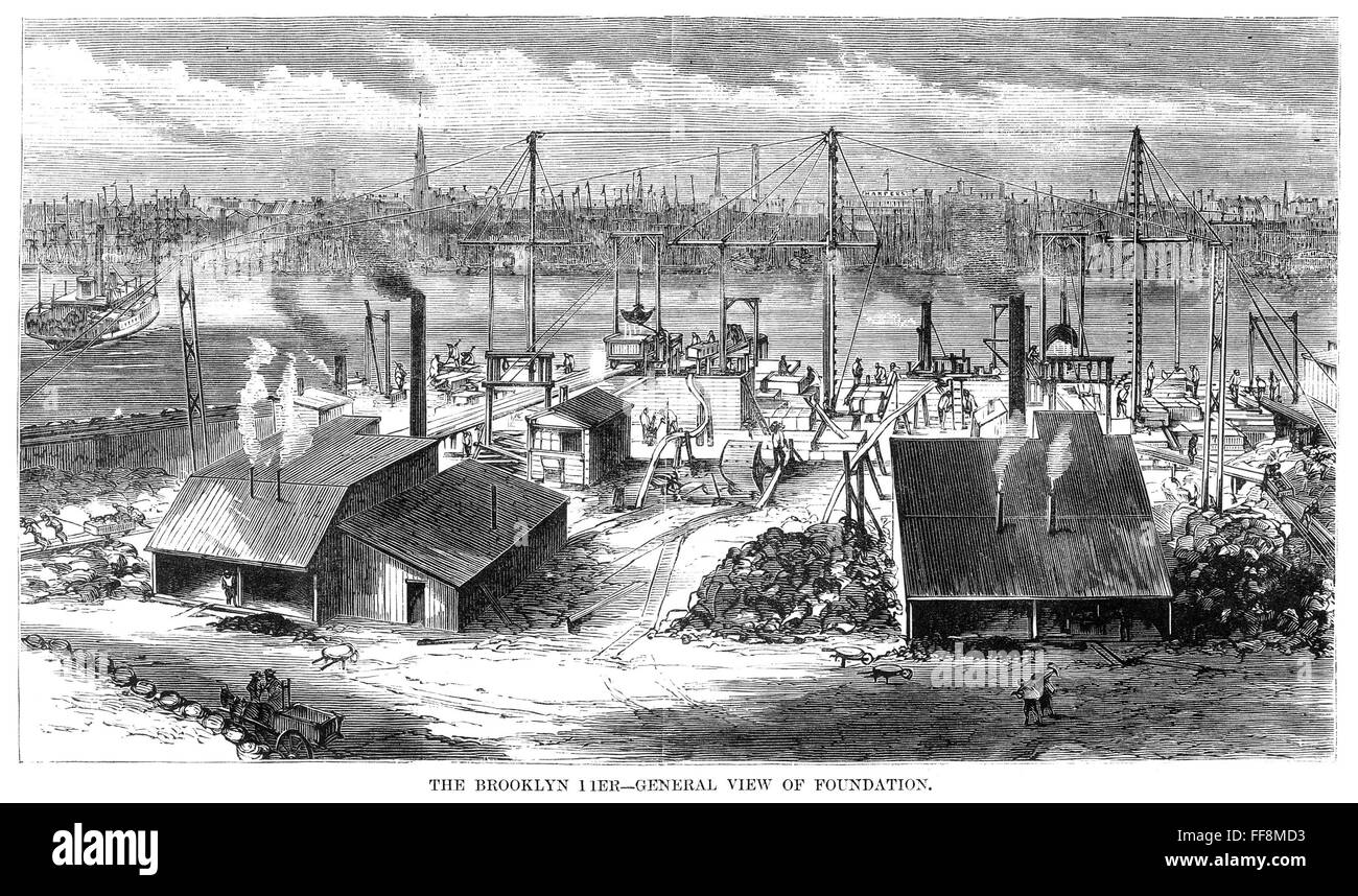 BROOKLYN BRIDGE, 1870. /nExterior view of the caisson at the Brooklyn ...