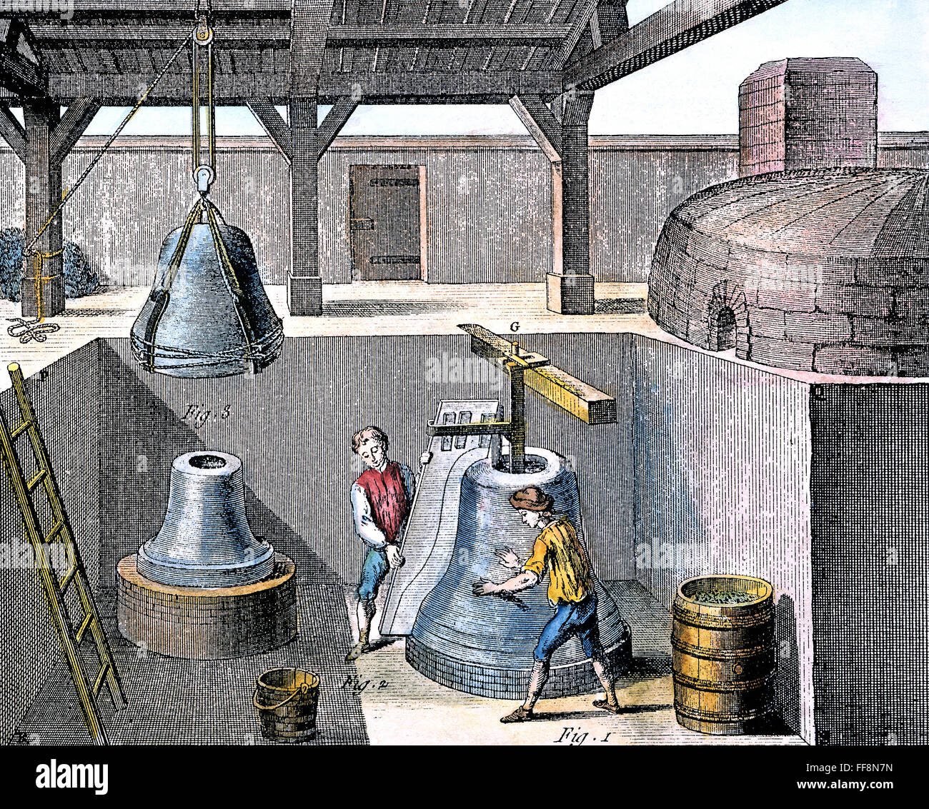 BELL CASTING, 1763. /nWorkmen, casting bells, ready a mold to receive ...