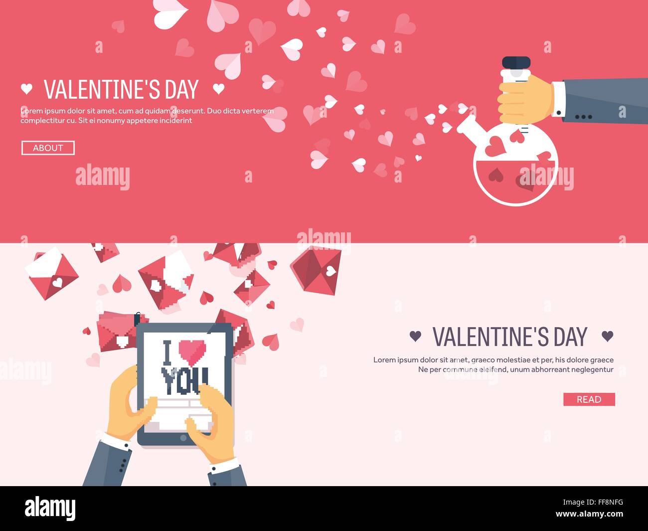 Vector illustration. Flat background with tablet and potion. Love ...