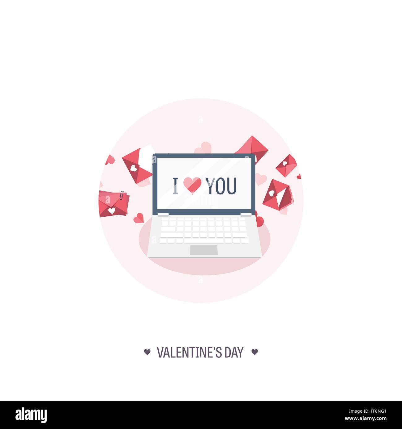 Vector illustration. Flat background with laptop. Love, hearts ...