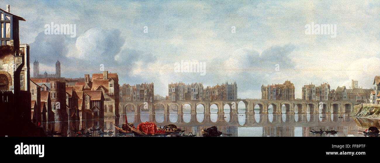 OLD LONDON BRIDGE, 1630. /nOld London Bridge over the Thames River ...