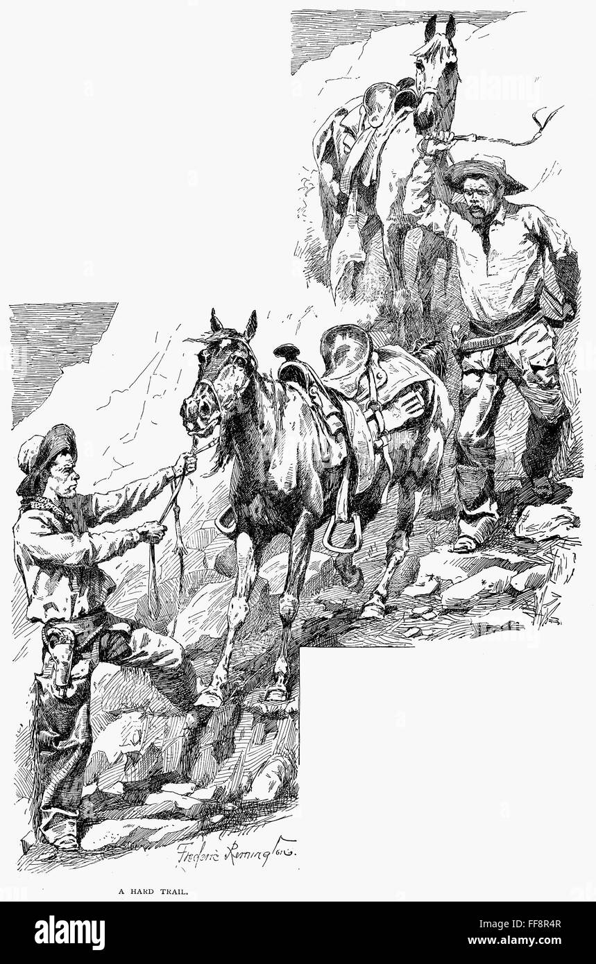 REMINGTON: COWBOYS, 1887. /n'A Hard Trail.' Drawing, 1887, by Frederic ...