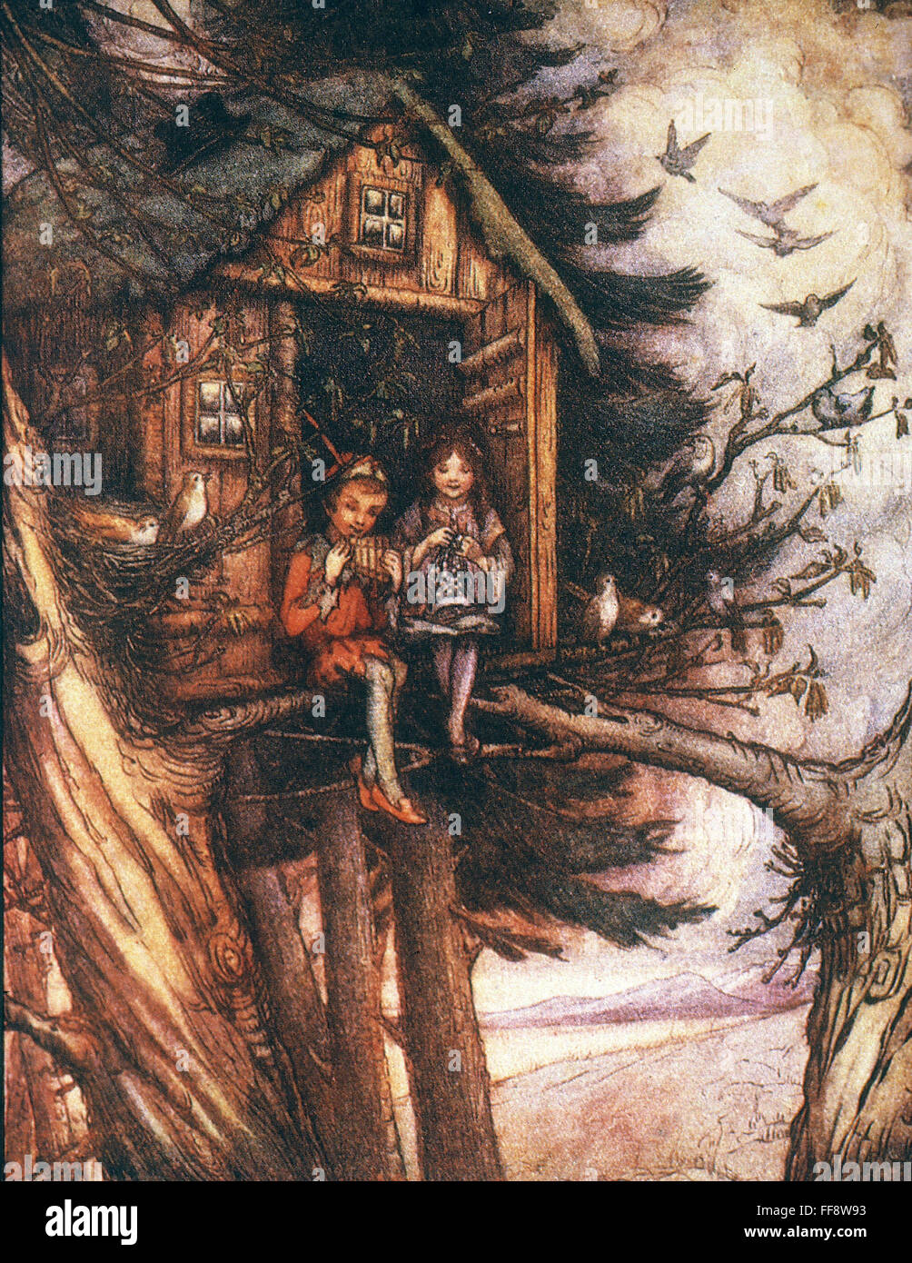 BARRIE: PETER PAN. /nPeter Pan and Wendy in treehouse. Drawing by Flora ...