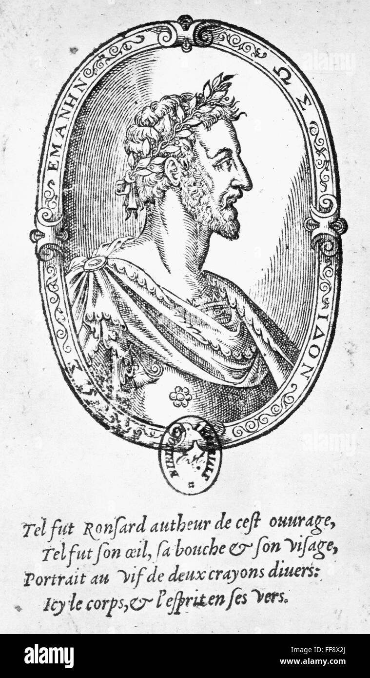 PIERRE DE RONSARD /n(1524-1585). French poet. Woodcut frontispiece to ...