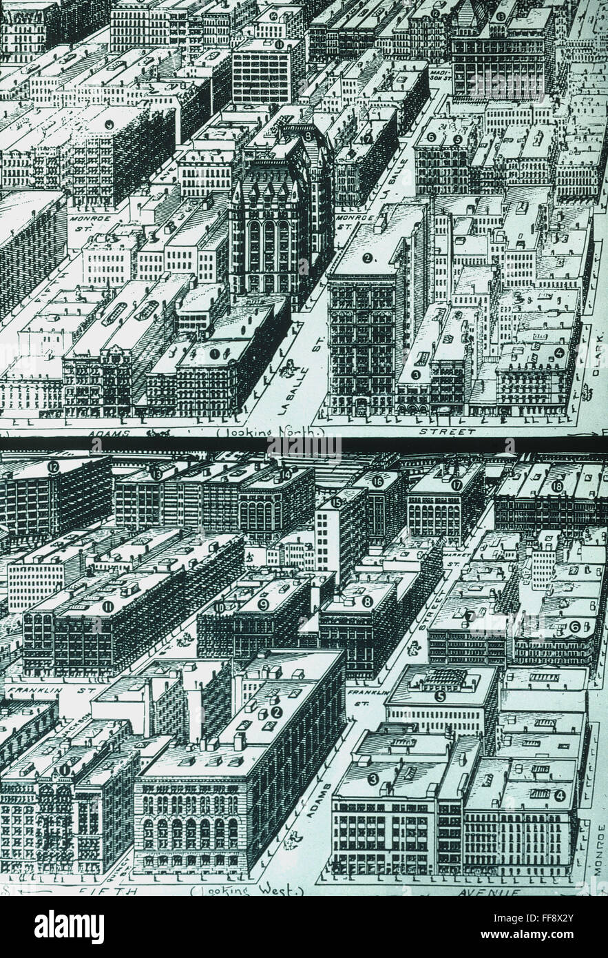 CHICAGO: LOOP, 1898. /nPlan of Chicago's 'Loop', 1898, with buildings ...