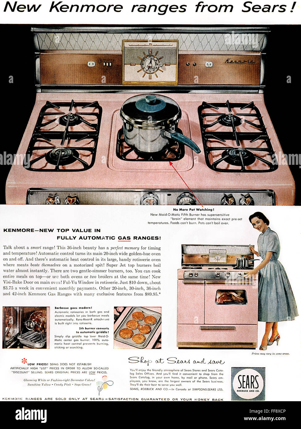 STOVE ADVERTISEMENT, 1957. /n'New Kenmore Ranges from Sears ...