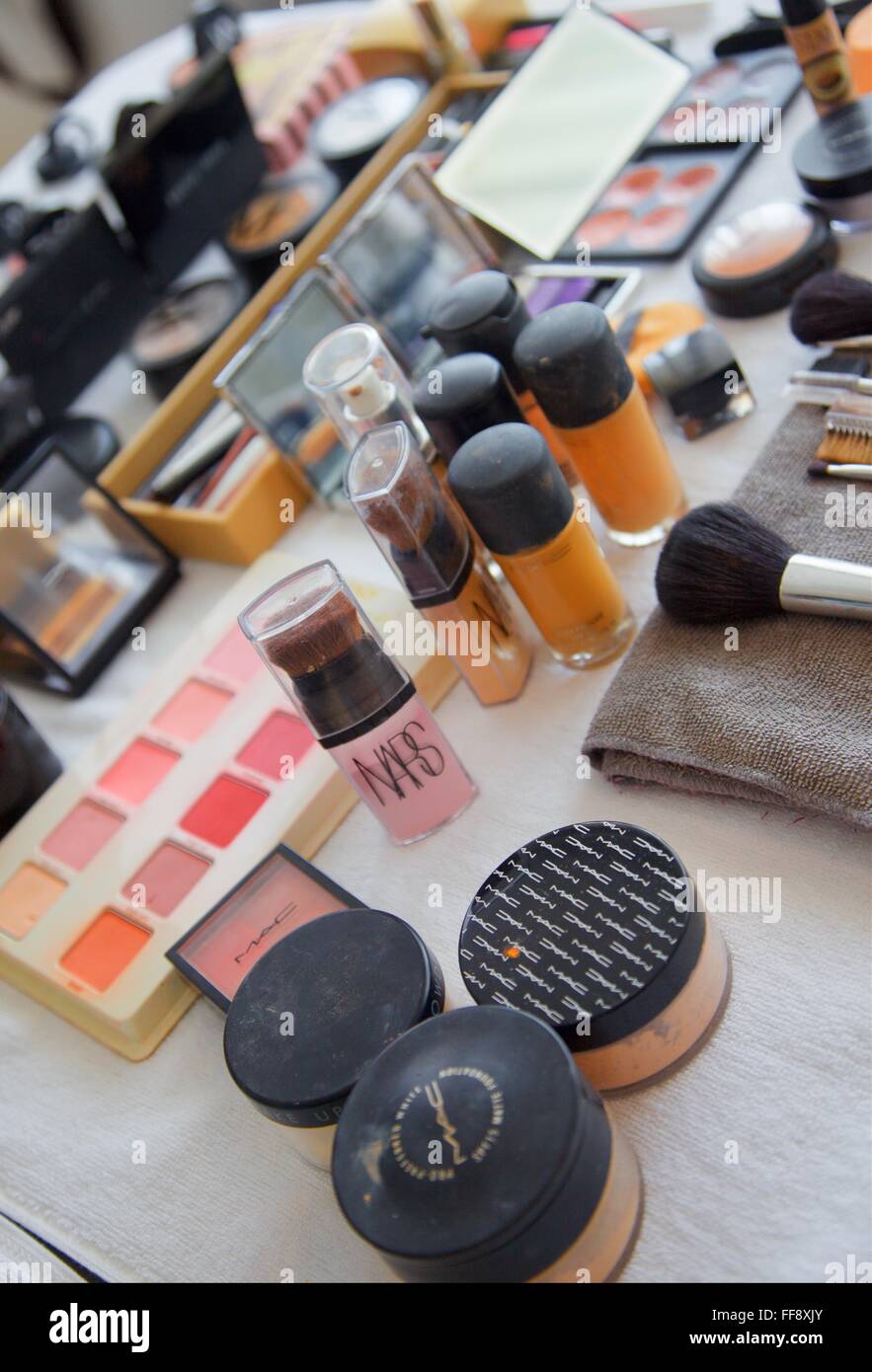 A close up of a make up table Stock Photo - Alamy