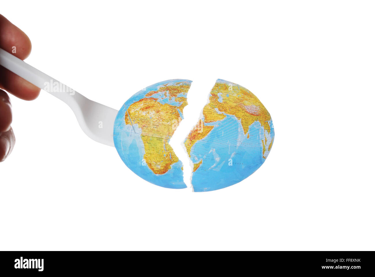 torn fragment of a map on a white background with an outstretched hand ...