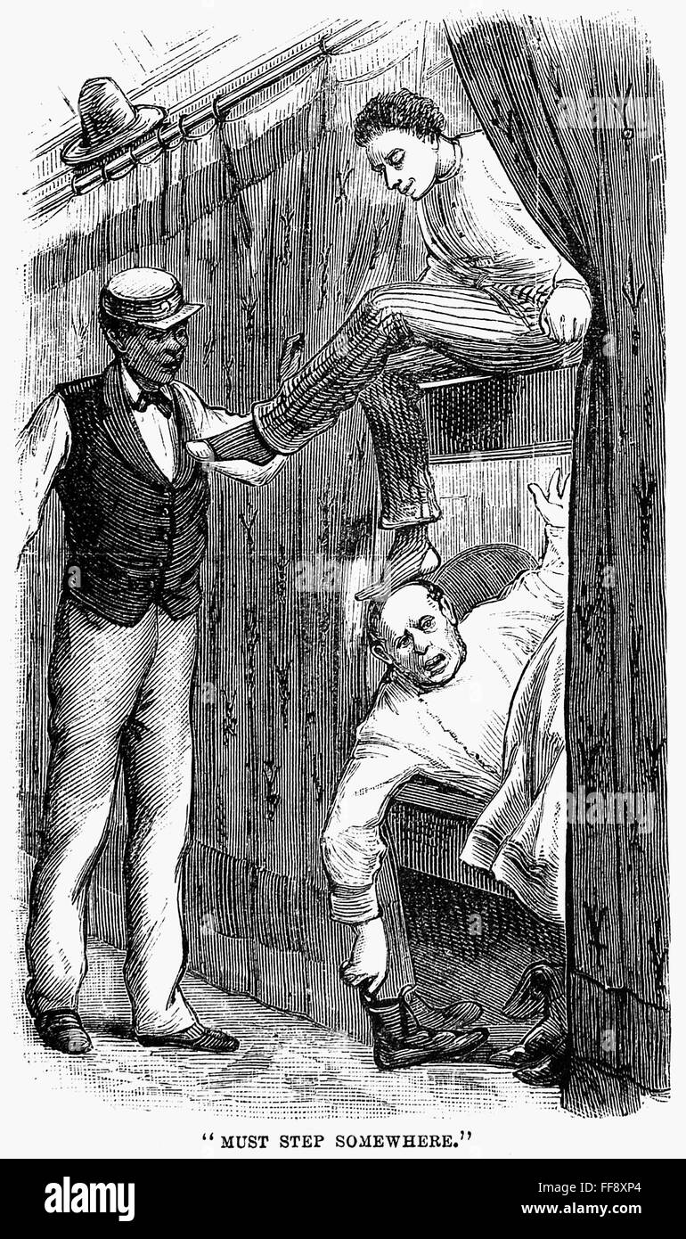 PULLMAN CAR, 1877. /nLending a hand and a head to an upper-berth ...