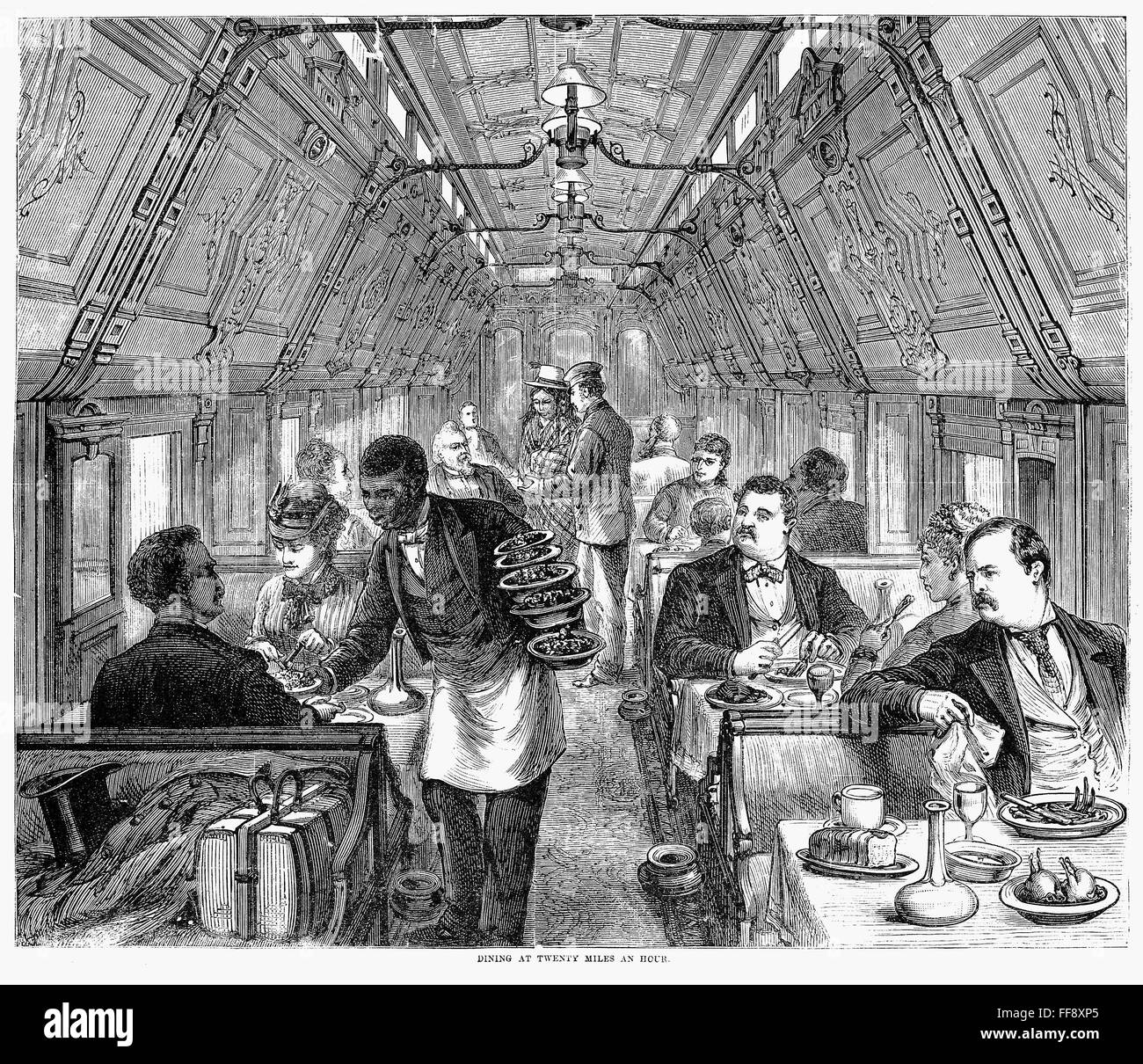 PULLMAN CAR, 1877. /nDining at twenty miles an hour west of Chicago ...