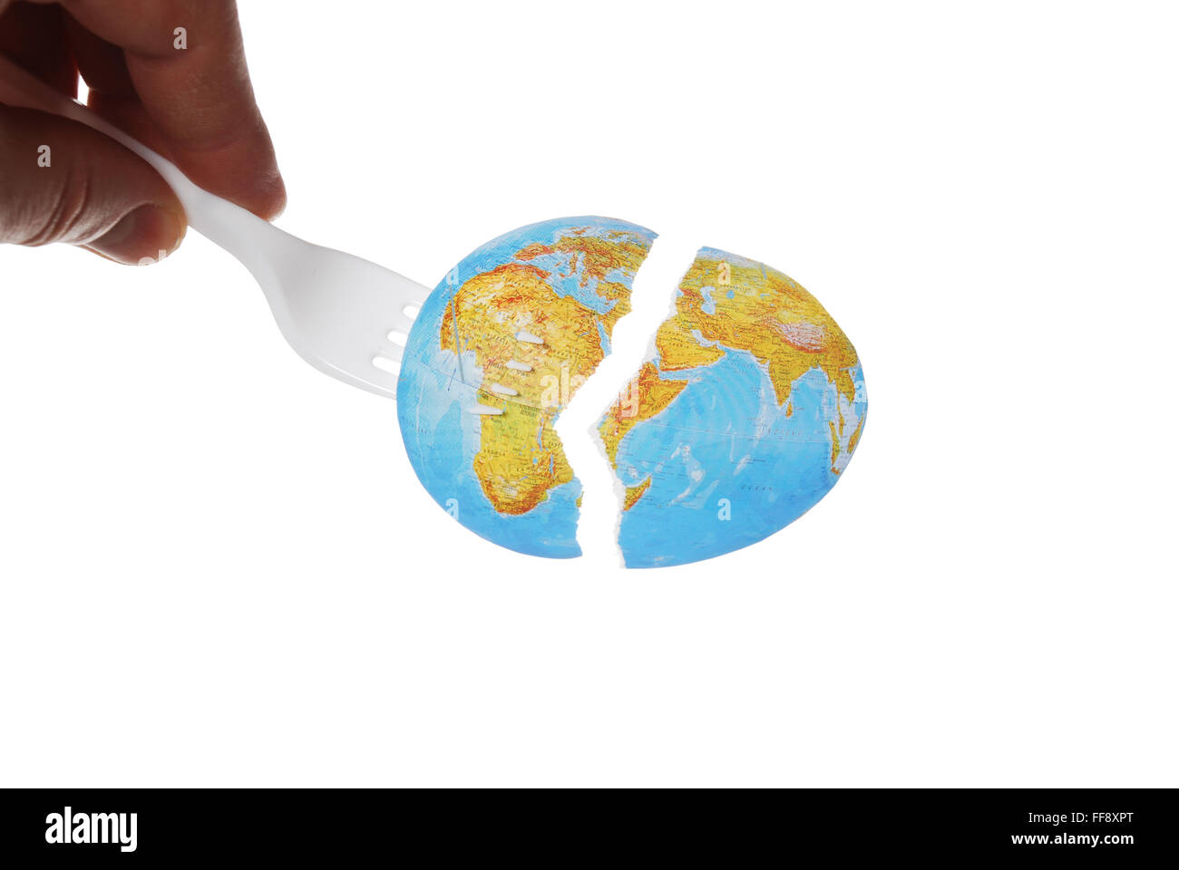 torn fragment of a map on a white background with an outstretched hand ...