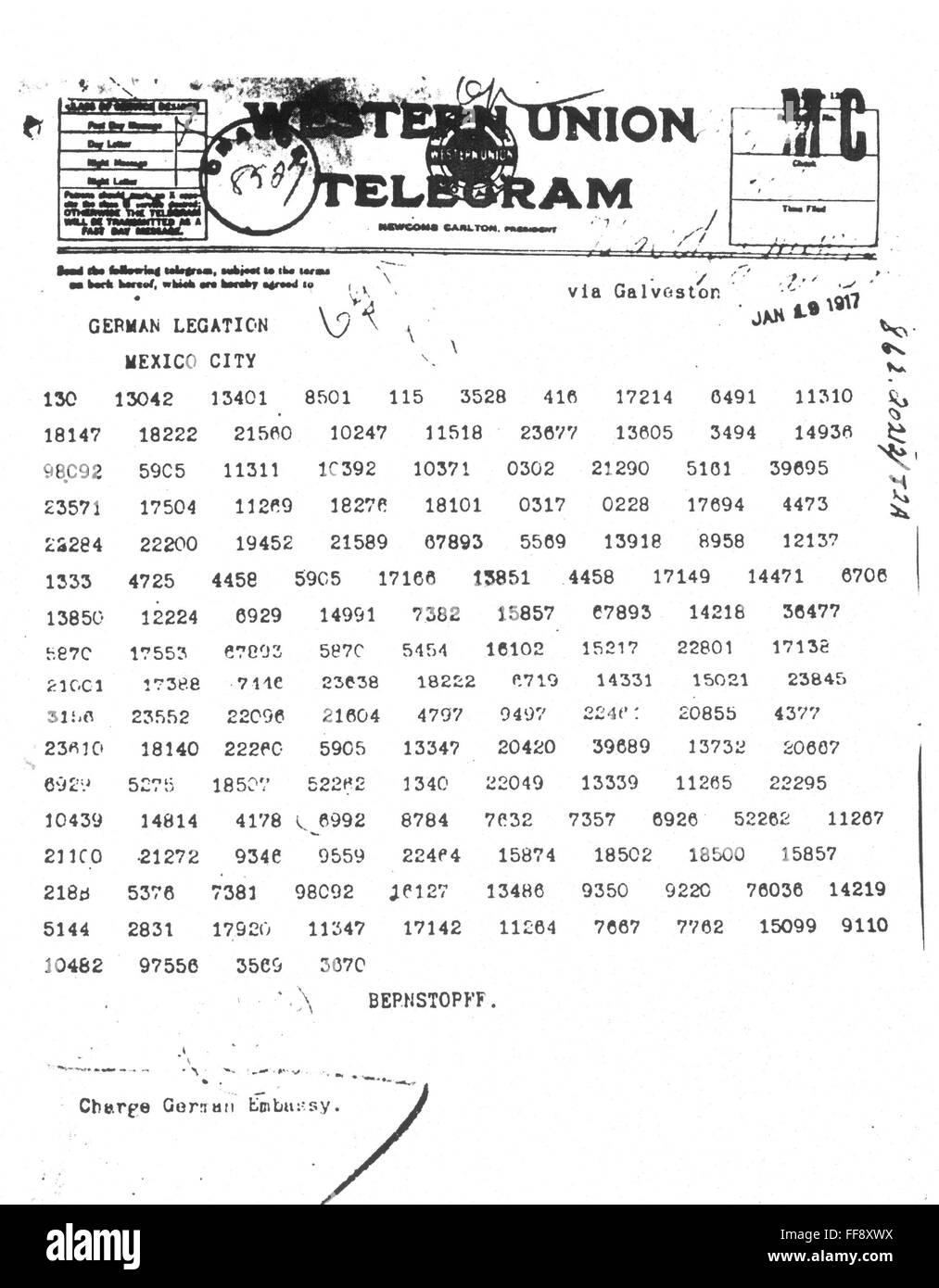 ZIMMERMANN TELEGRAM, 1917. /nThe Western Union copy of the Zimmermann ...