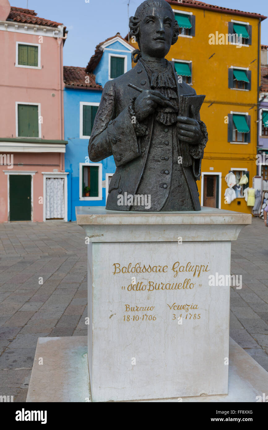 Statue of Baldassare Galuppi in the town square in Burano Italy Stock ...