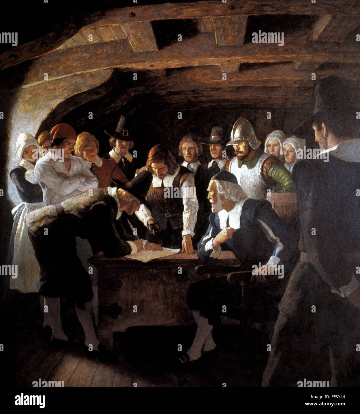 MAYFLOWER COMPACT, 1620. /nThe signing of the Mayflower Compact off the ...