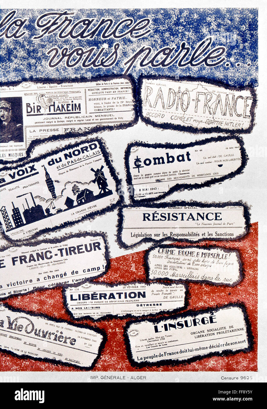 WWII: FRENCH POSTER, 1943, /nof underground headlines: 'France Speaks ...
