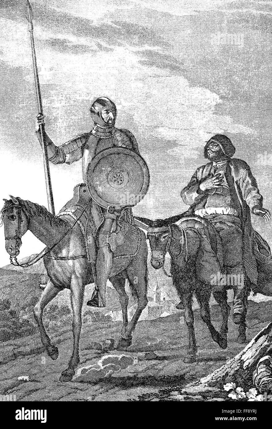 DON QUIXOTE & SANCHO PANZA. /nCopper engraving from the Madrid Academy ...
