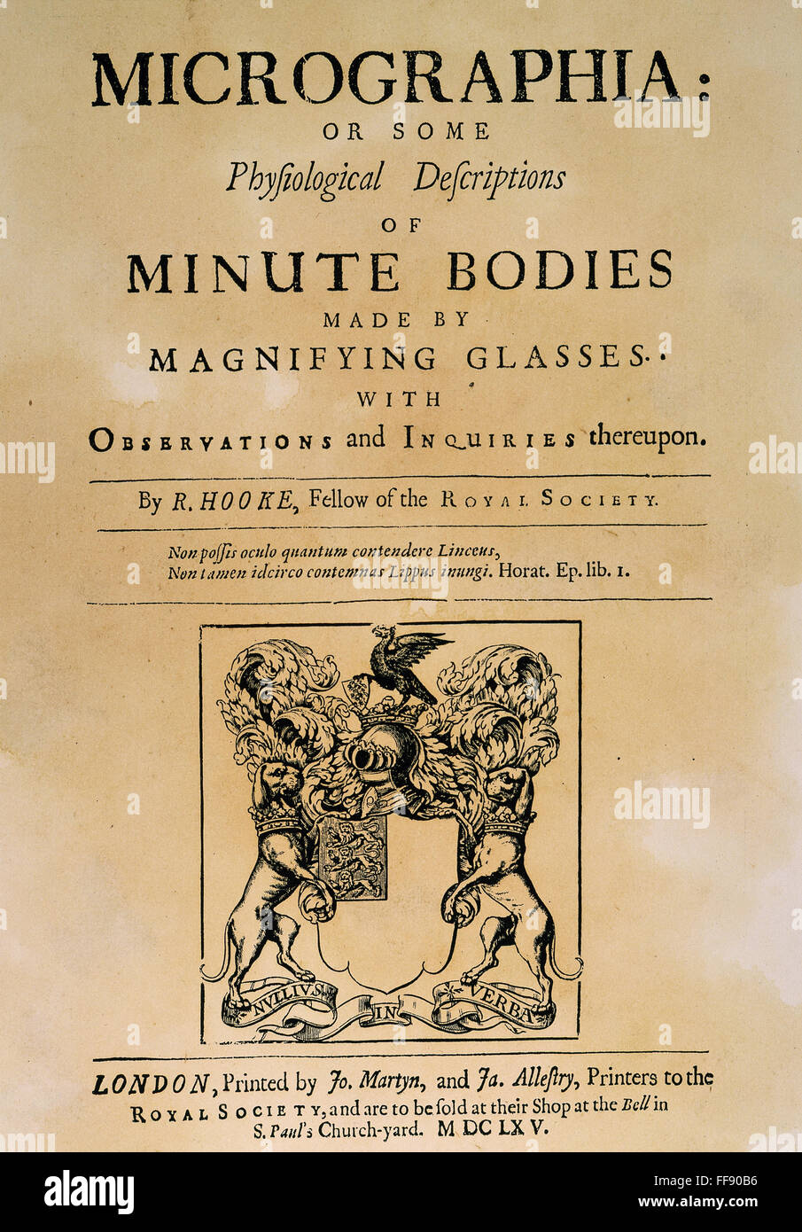 HOOKE'S MICROGRAPHIA. /nTitle-page of the first edition of Robert Hooke's 'Micrographia,' London ...