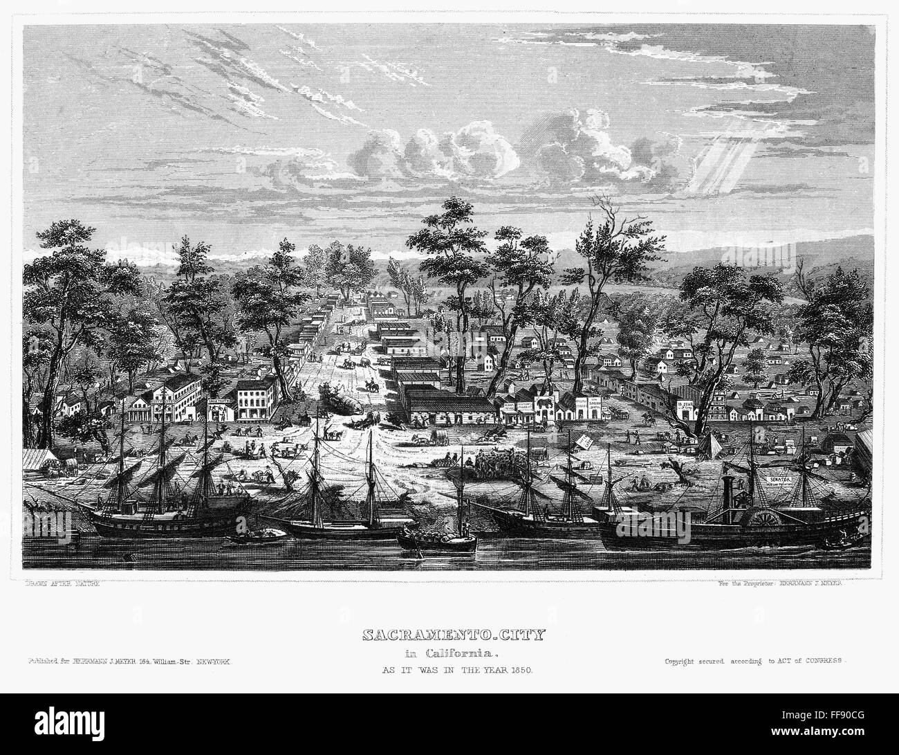 SACRAMENTO, 1849. /nA view of Sacramento, California, with its streets ...