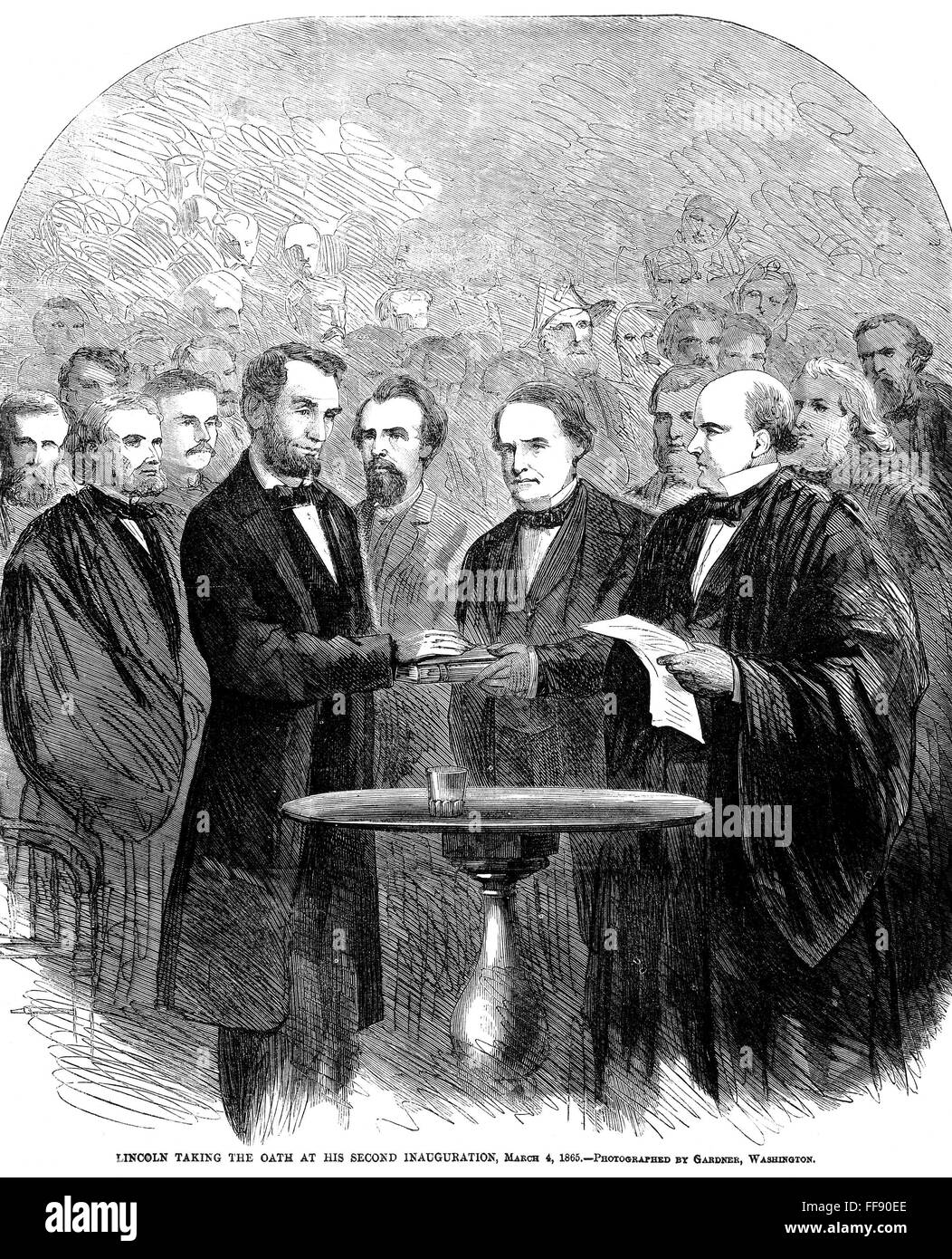 LINCOLN'S INAUGURATION. /nPresident Abraham Lincoln taking the oath of ...