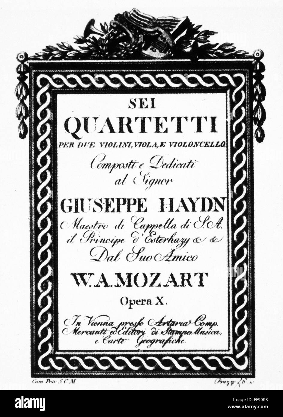 MOZART: STRING QUARTETS. /nTitle page of Wolfgang Amadeus Mozart's 'Six ...