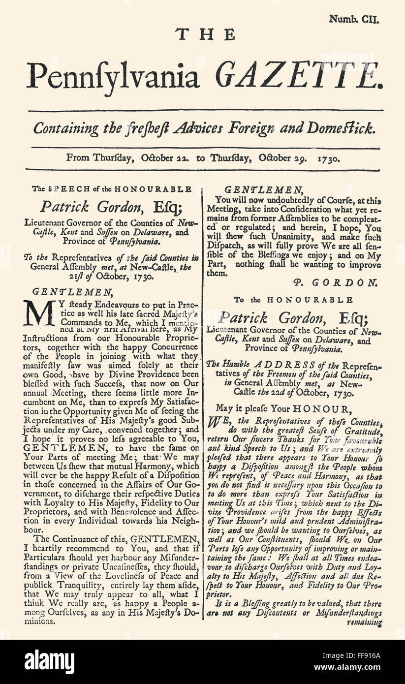 PENNSYLVANIA GAZETTE, 1730. /nAn early issue of the Pennsylvania ...