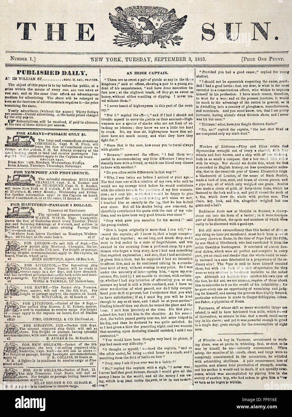 THE SUN, 1833. /nFront page of the first issue of The Sun newspaper ...