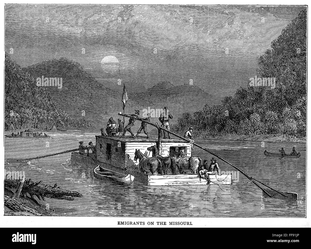MISSOURI RIVER: FLATBOAT. /nEmigrants traveling by flatboat on the ...