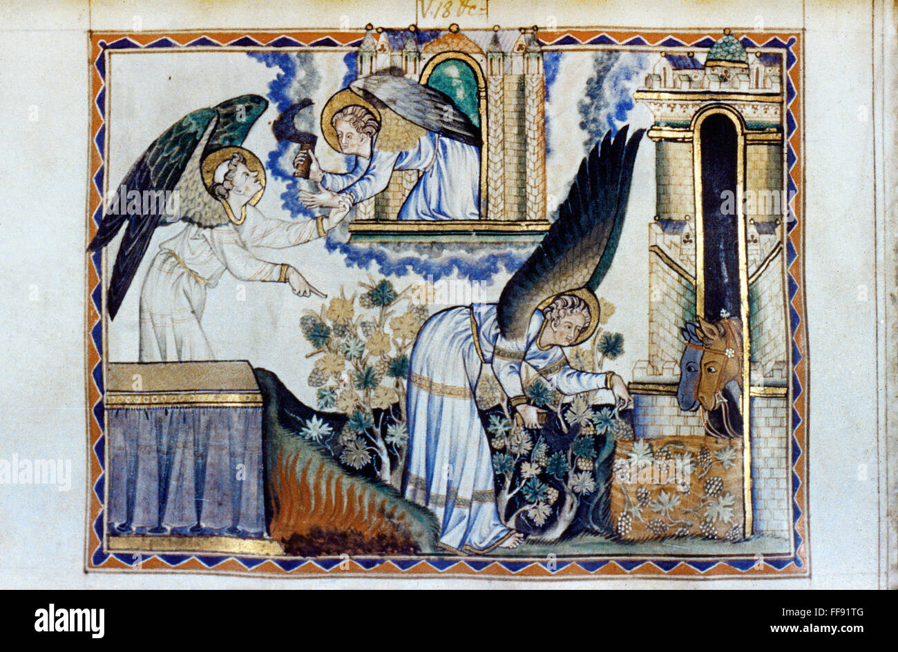 ANGELS MAKING WINE. /nEnglish illumination, c1275, from Apocalyptic ...