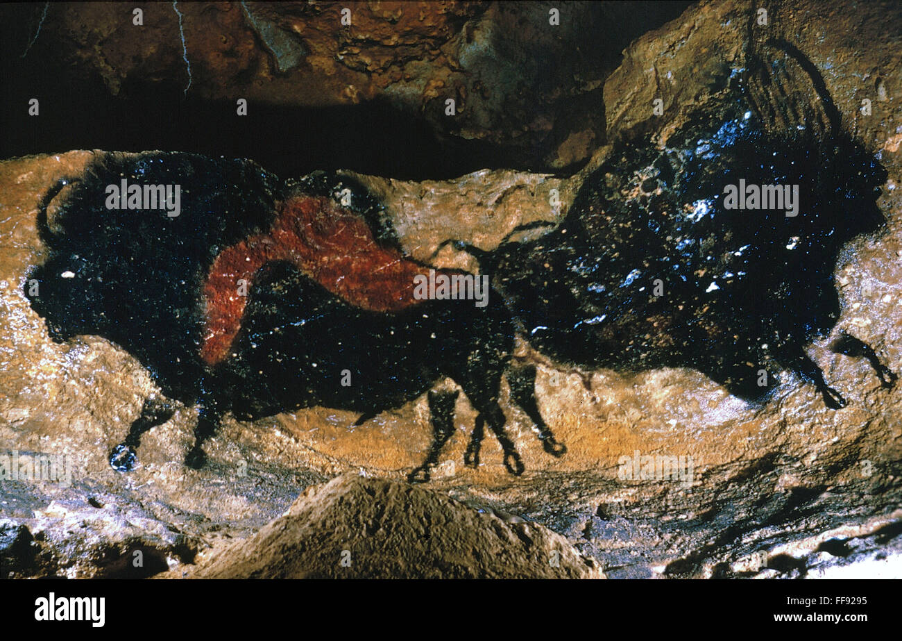 CAVE DRAWING/LASCAUX. /nRunning bison from Cave of Lascaux, Montignac ...